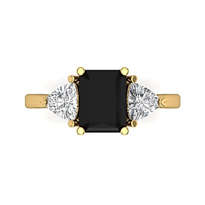 Clara Pucci 2.97ct Emerald Trillion cut 3 stone Solitaire Natural Black Onyx designer Modern Statement Ring 14k Yellow Gold Size 8.5