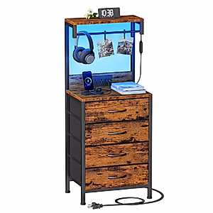 Furnulem Tall Nightstand with Charging Station, Night Stands with LED Lights and Storage Shelves, Bed Side Table for Bedroom, Hallway, Office, 4 Fabric Drawers, Rustic Brown