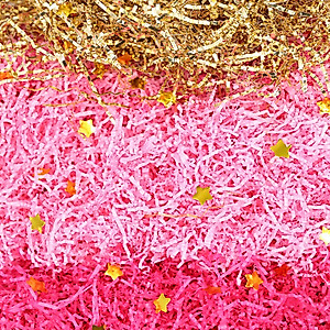 BllalaLab Pink & Gold Crinkle Cut Paper Shred Filler 1LB, Raffia Paper Gift Wrapping Basket Filling Bag Stuffing and Packing, Assorted Color Variations Tissue Filler (Pink & Magenta & Gold)