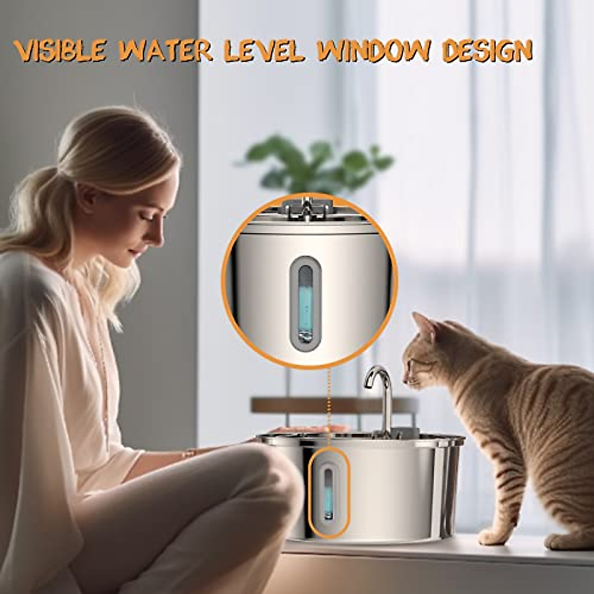 Tomxcute Cat Water Fountain, 3.2L/108oz Automatic Stainless Steel Pet Fountain Water Levels Window can be Checked Dog Water Dispenser, Ultra-Quiet Pump and 3 Replacement Filters & for Multiple Pets