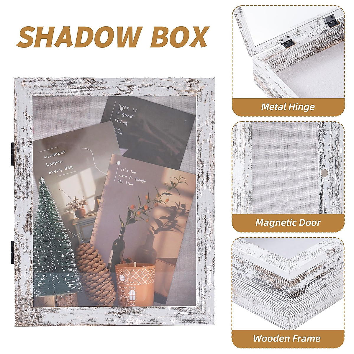 Muzilife 8x10 Shadow Box Picture Frame - 2.16" Interior Deep Wood & Glass Rectangle Display Case Ready to Hang Memory Box Baby Sports Memorabilia, Pins, Awards, Tickets, and Photos, Rustic White