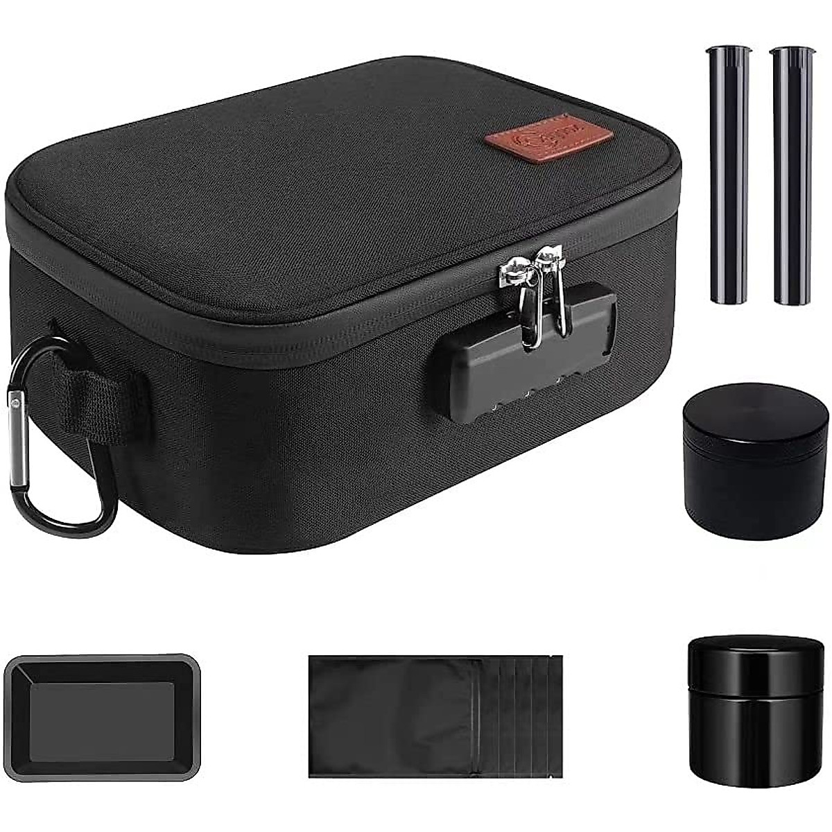 Egooz Large Smell Proof Stash Bags with 5 items - Waterproof Smell Proof Box Case for Travel and Home, Smell Proof Containers Box for Storing Your Products, Black