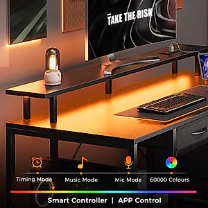 Huuger Computer Desk with Power Outlets and LED Lights, 47 Inch Gaming Desk with 6 Drawers, Office Desk with Monitor Stand, Writing Desk Work Desk, Mesh Shelves, Black