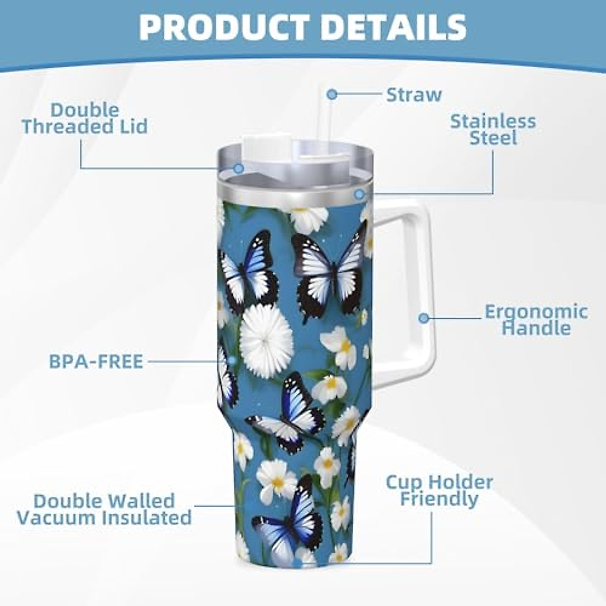 HULIBIN Blue Butterflies White Flowers Print Double Deck Stainless Steel Travel Coffee Cup With Lid 40 Oz Ice Bully Cup