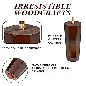 Texphw Wood Furniture Legs, Couch Legs Set of 4 - Wooden Replacement Feet for Bench, Brown Rubber Wood Parts for Sectional, Sofa, Wooden Legs Chairs Complete with Installation Hardware