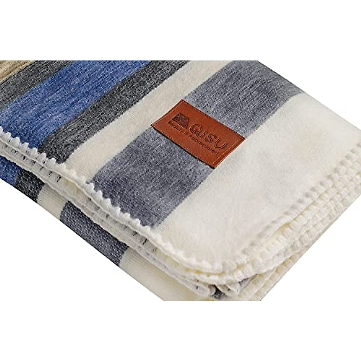 QISU Alpaca Wool Blanket Throw | Large, Beautiful, Warm, Stripe | 85 x 65 inches | Ultra-Soft, Hypoallergenic and Breathable | Non-Itchy or Scratchy Fabric (Brown Blue Grey White)