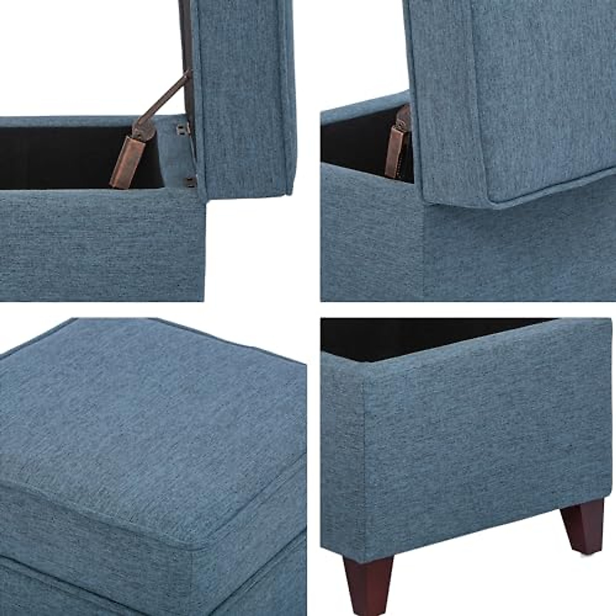 Adeco 17" Square Ottoman with Storage- Small Storage Ottoman Foot Rest with Hinged Lid- Blue Faux Linen Fabric Upholstered Footstool with Sturdy Wood Legs