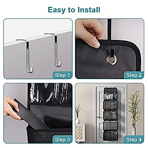 NPET Over Door Hanging Organizer Wall Mount Storage with Clear PVC Pocket, EVA Waterproof Mesh Pocket and Oxford Cloth Material for Closet Bedroom Nursery Dorm (33BK01, Black)