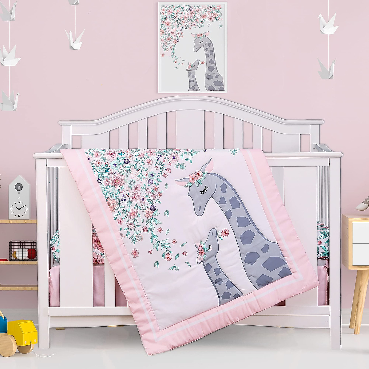 Jupeollon Crib Sets for Girls Giraffe Floral Baby Nursery Crib Bedding Set for Girl Toddler 4Piece Included Crib Comforter Fitted Sheet Crib Skirt Blanket Pink White