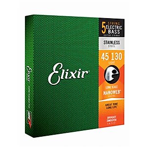 Elixir Strings Stainless Steel 5-String Bass Strings w NANOWEB Coating, Long Scale, Light (.045-.130)