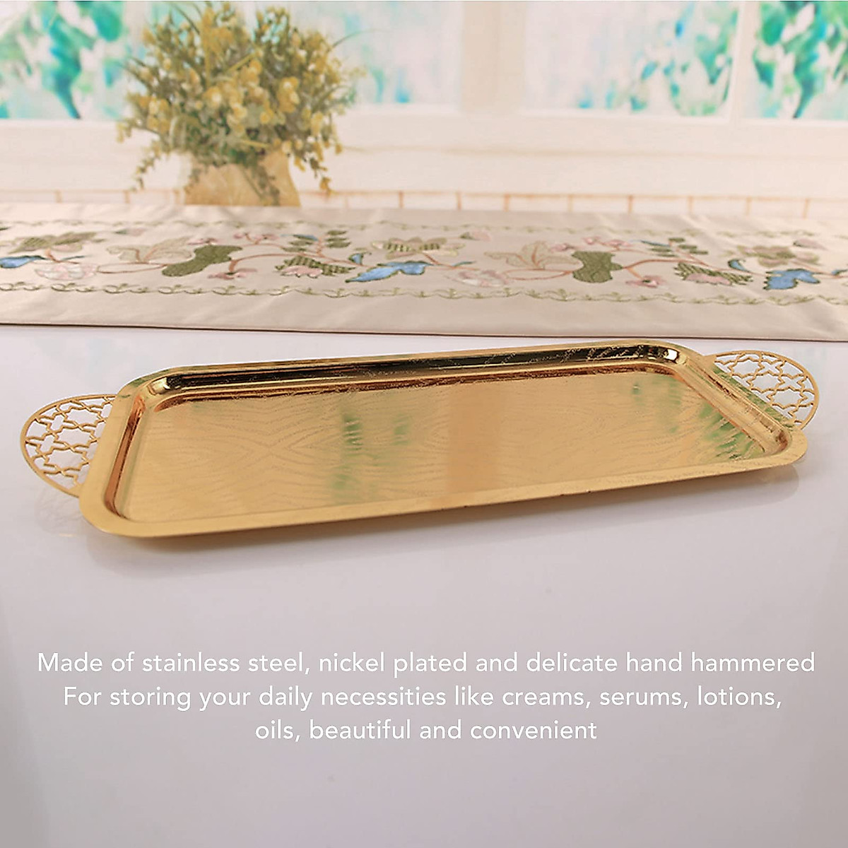 BEIJIALY Serving Tray Gold Retro Light Luxury Oblong Water Cup Tea Cup Fruit Tray with Star Handle for Home Living Room