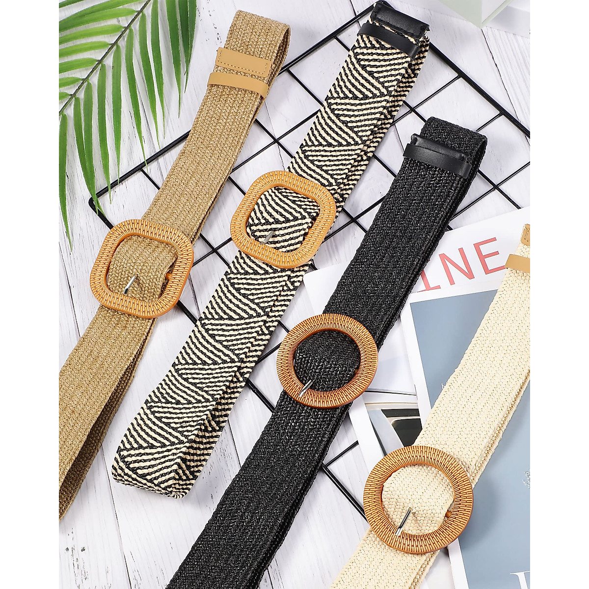 WILLBOND 4 Pcs Straw Woven Belt Elastic Stretch Rattan Buckle Waist Belt Women Skinny Raffia Dress Waist Band(Retro Color,Large)