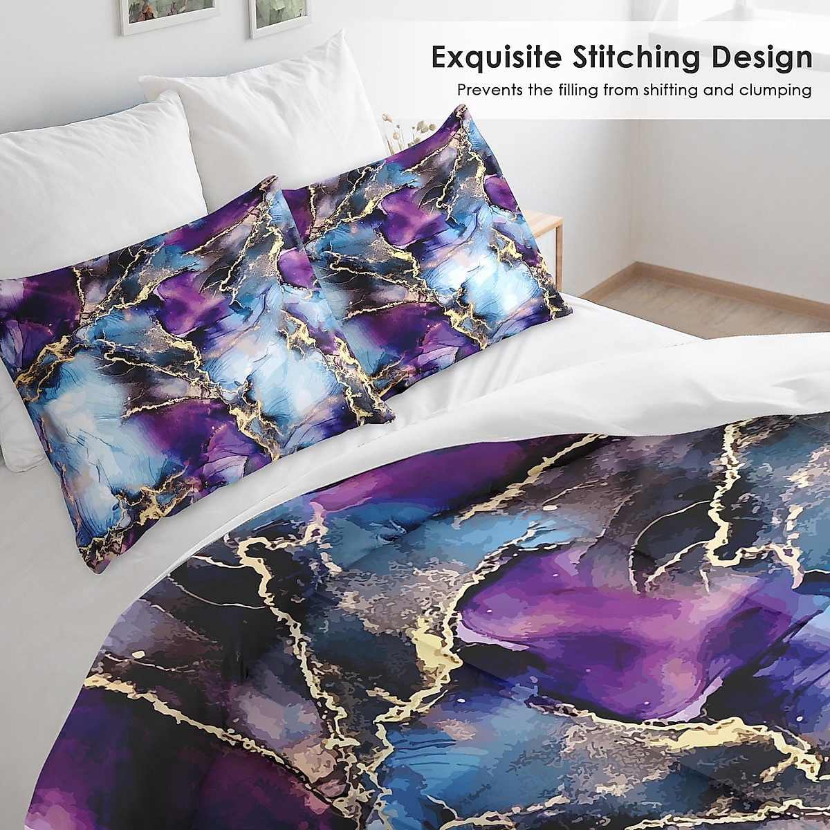 SUMIANYH Twin Size Comforter Set with Pillowcase, Blue Purple Marble Stone, Bedroom Decor Dye Green Gold Flower Leaf Watercolor Abstract Cozy Bedding for Kids and Adults, Soft Bed Set