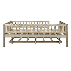 Sedgeria Full Size Montessori Bed for Toddlers Wooden Toddler Daybed with Fence and Trundle, Low Bed Frame with Rails for Kids Boys Girls, Natural