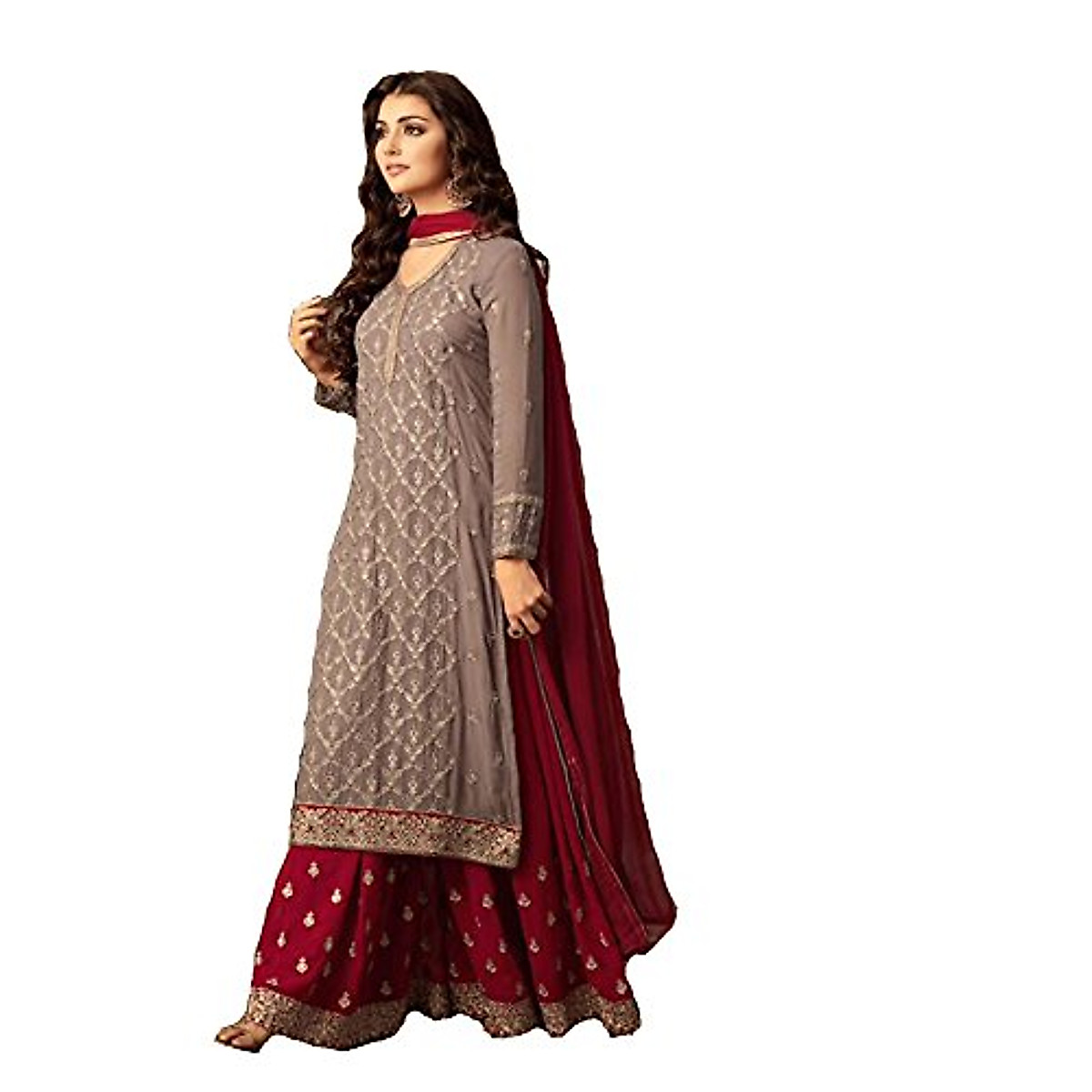 Indian Pakistani Dresses for Women Palazzo Style Embroidered Salwar Kameez Suit 47001 (Red, M-40)