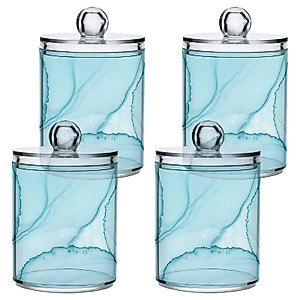 YETTASBIN Blue Marble Clear Plastic Apothecary Jars 2 Pack, 14 oz Qtip Holder Dispenser with Lid, Clear Bathroom Storage Canister for Cotton Ball, Cotton Swab