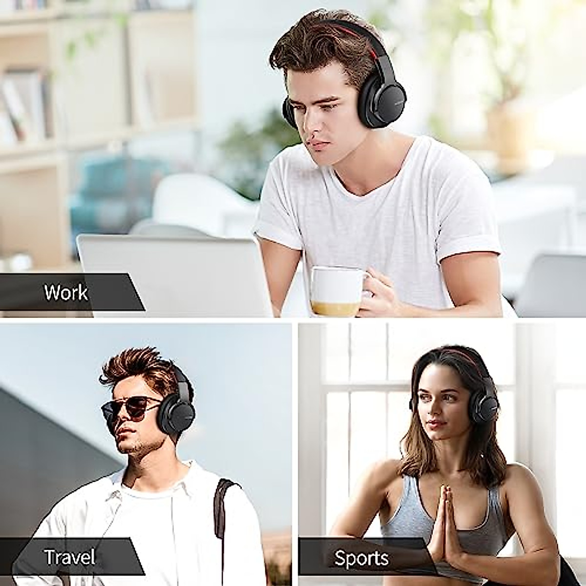 AUSDOM Bluetooth Noise Cancelling Headphones: E7 Wireless Over Ear ANC Headphones with Microphone, 50H Playtime, Hi-Fi Stereo Sound, Comfortable Earpads for Travel Work Adults, Black Red