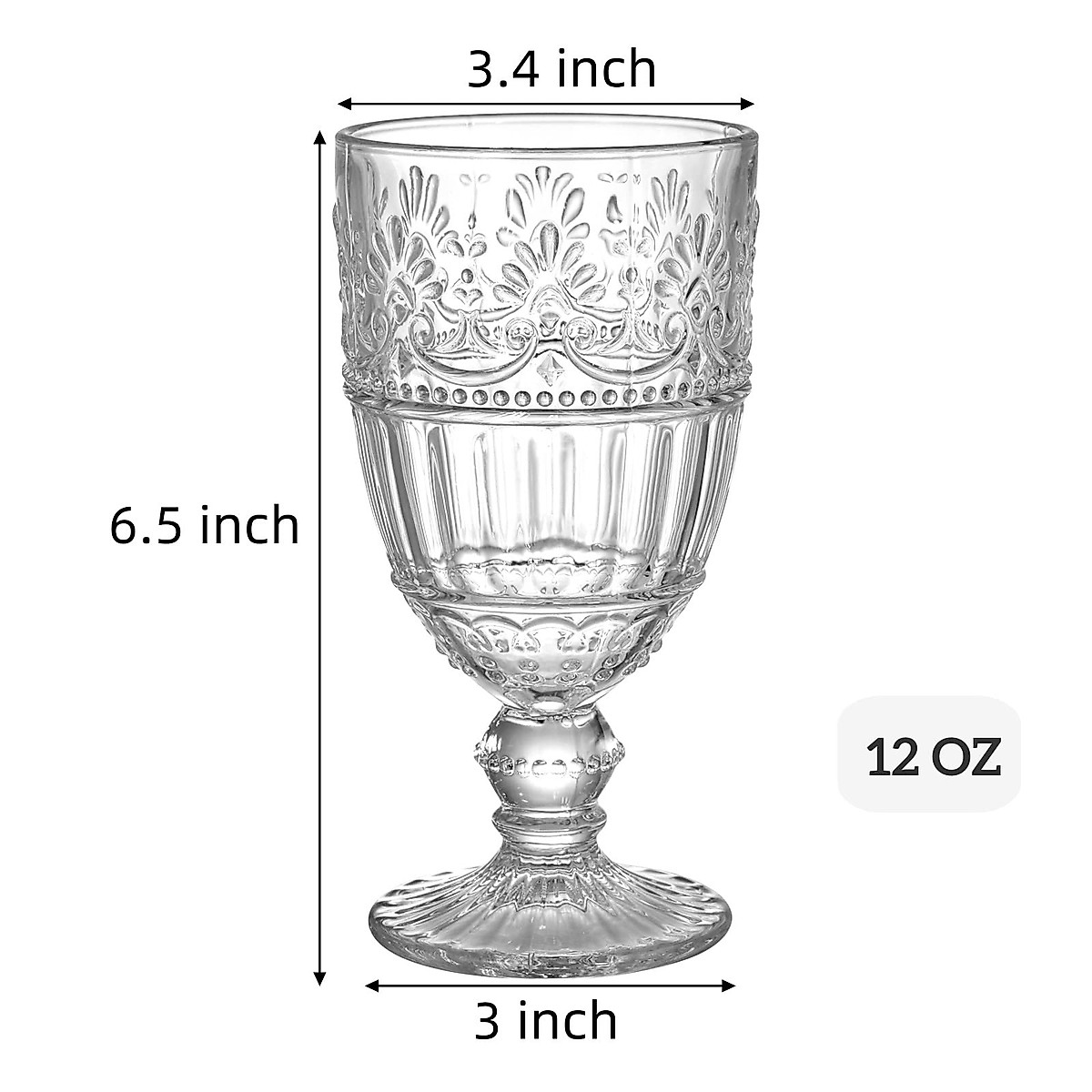 AVLA 6 Pack Glass Goblet, 12 OZ Vintage Wine Glassware, Romantic Wedding Glass Set, Drinking Stemware Beverage Cups for Party, Bar, Champagne, Juice, Beer, Cocktail, Embossed Design
