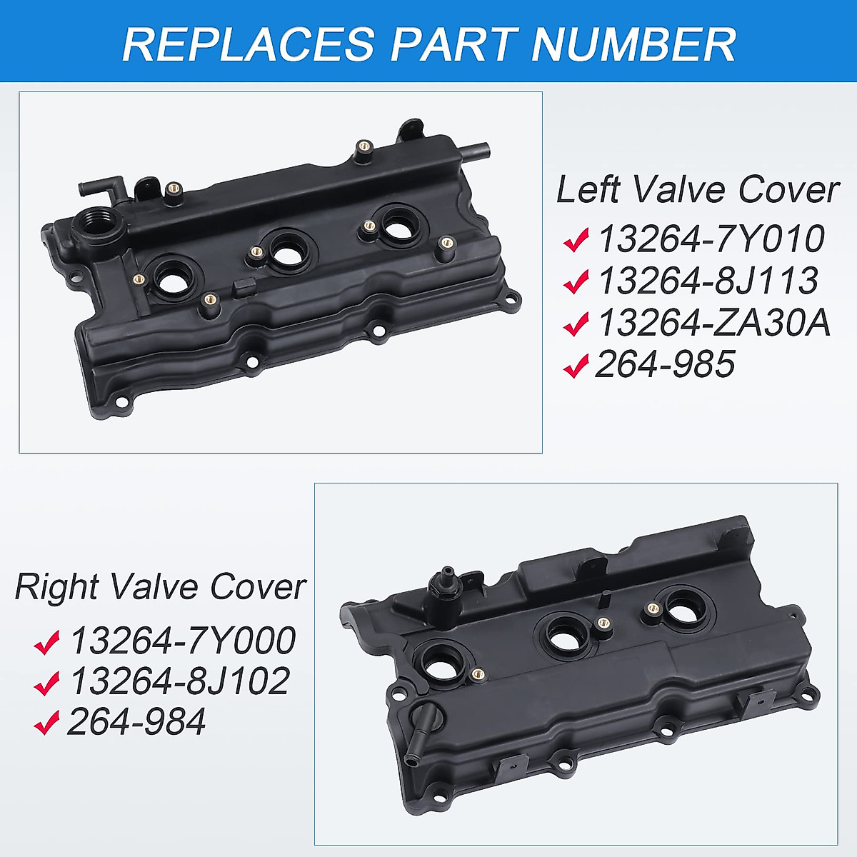 JDMSPEED New Engine Valve Cover With Gaskets Left & Right Side Replacement For Altima Maxima Murano I35 V6 3.5L 2002-2007 Replace# 264-985 264-984 13264-8J113 13264-7Y000 (Set of 2)