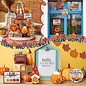 Set of 15 Fall Tiered Tray Decor Pumpkins Farmhouse Decor Autumn Maple Leaf Table Centerpieces Thanksgiving Harvest Wood Blocks Signs for Home Decor(Bright Style)