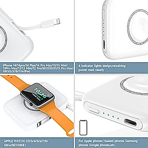 HUOTO Portable Charger,5000mAh Mini iWatch Magnetic Charger Power Bank with Built in Charging Cable,Travel Charger External Battery Pack Compatible with Apple Watch/iPhone 11/13/12/Smartphones/Airpods