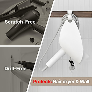 MiniMeek Hair Dryer Holder - Drill-Free Blow Dryer Holder Towel Rack - Over The Door Hairdryer Holder for Bathroom - Hair Dryer Hanger for Vanity (White)