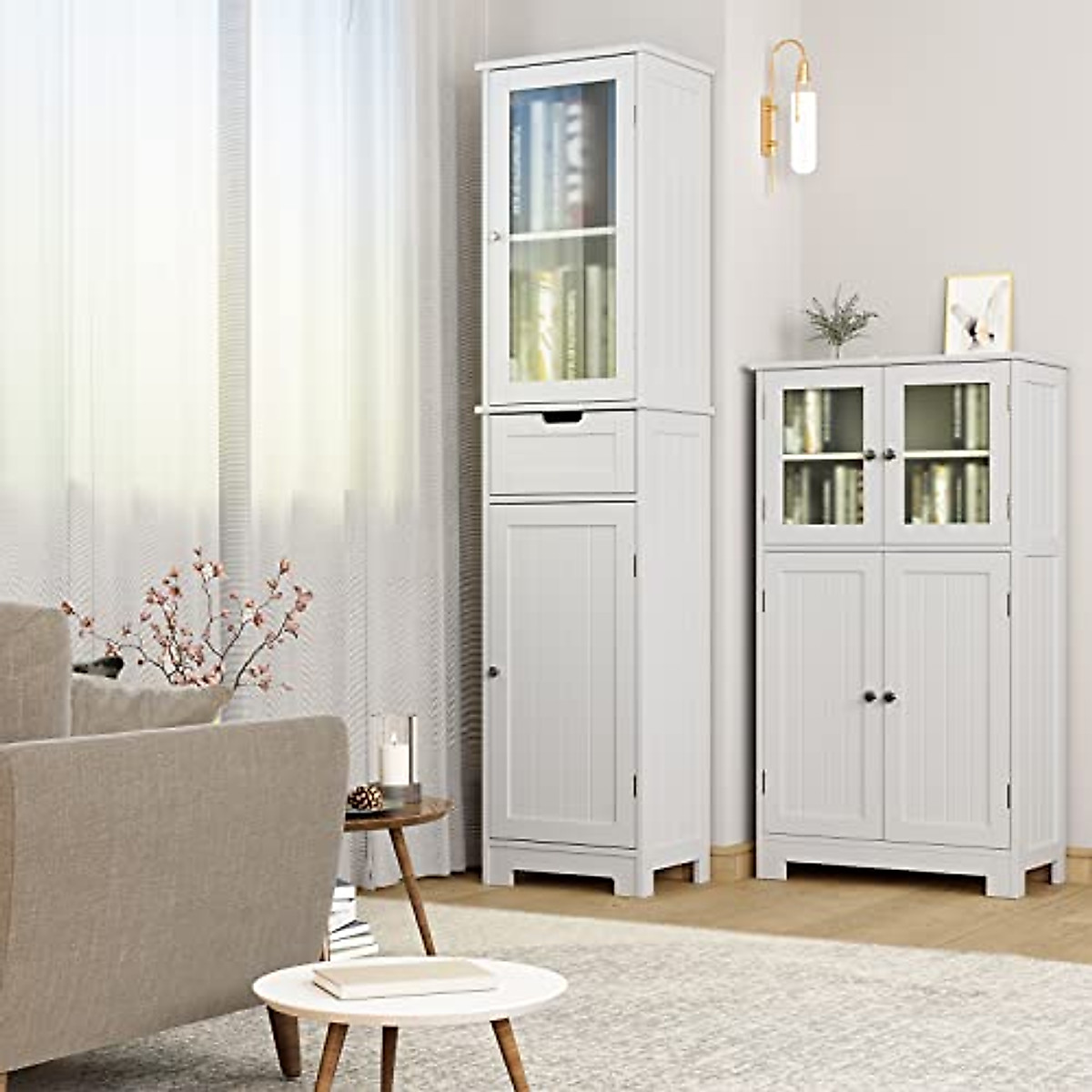 HORSTORS Bathroom Storage Cabinet with 2 Doors & 1 Drawer, Floor Freestanding Narrow Tall Cabinet with Adjustable Shelves for Living Room, Bedroom, White