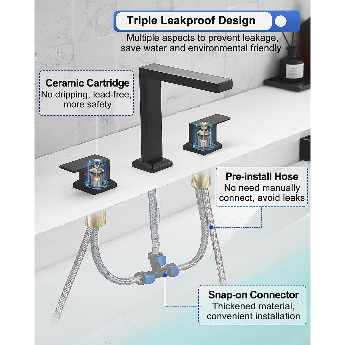 HEYMYTAP High Flow Bath Tub Faucet, Roman Bathtub Faucet Black Tub Faucet Set Solid Brass Soaking Tub Faucet 2 Handle Bathtub Faucets Deck Mount Quiet Longer Spout Reach 5.3 inch No Leaks