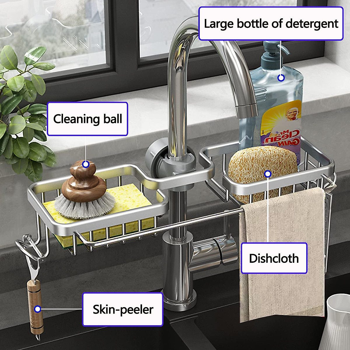 SIMCAS Sponge Holder for Kitchen Sink, Over The Sink Shelf Sponge Caddy, Stainless Detachable Faucet Drain Rack for Kitchen Sink Organizer and Storage, Bathroom (Double with Dishcloth Rack, Silver)