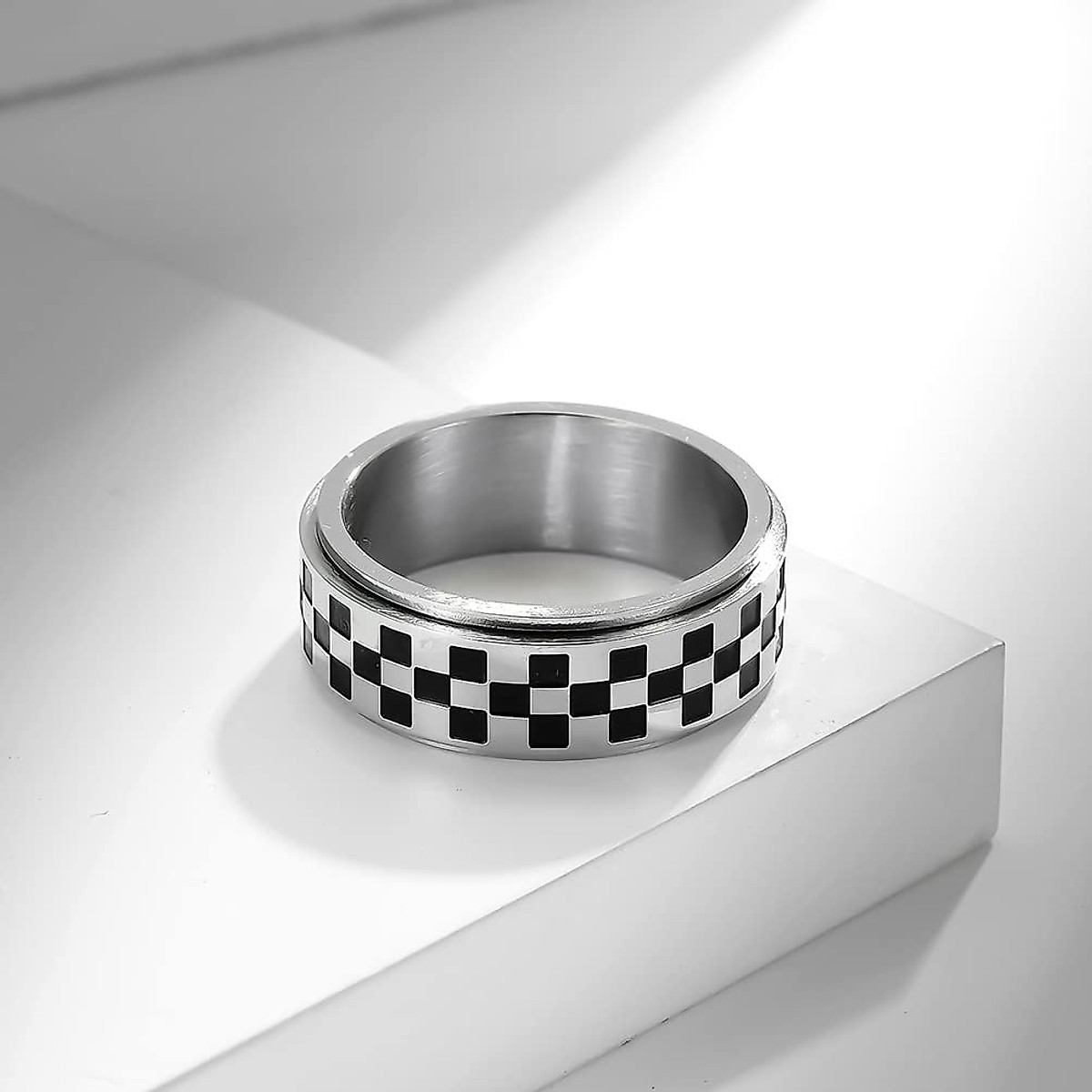 PAMTIER Rotatable Ring for Women Men Stainless Steel Racing Game Chessboard Anxiety Relief Silver Size 9