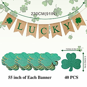 St Patricks Day Decorations, Lucky Shamrock Garland Banner, Patrick's Day Burlap Banners with 4 Glitter Shamrock Garland - NO DIY