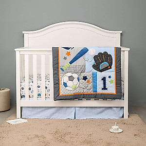 Brandream Sport Baby Crib Bedding Sets - No.1 Champ Ball Theme Boys Nursery Set | 3-Piece Nursery Set | Baby Quilt, Fitted Crib Sheet, Dust Ruffled Included - Blue & Grey
