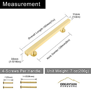 QOGRISUN 2-Pack Solid Brass Cabinet Handles, Gold Square T Bar Cabinet Pulls, 5 Inch Hole Center for Kitchen Dresser Drawer Cupboard, Brushed Brass Finish