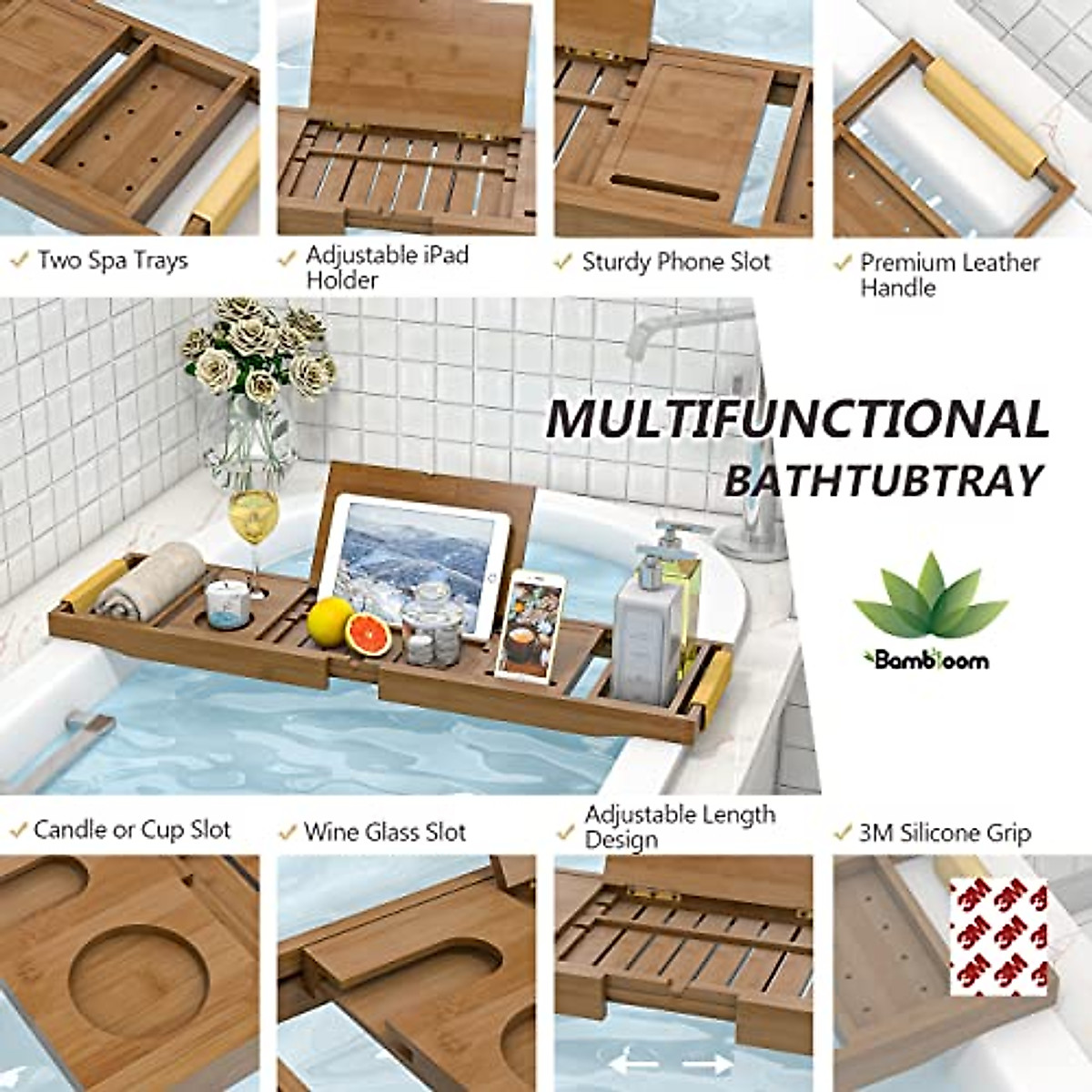 Bathtub Tray Bath Caddy Tray for Tub - Expandable Board and Book Stand Premium Leather Grip and Non-Slip Pat for Luxury Bath Bamboo Bathtub Table Tray for Home Spa and Gift Choice (Walnut)