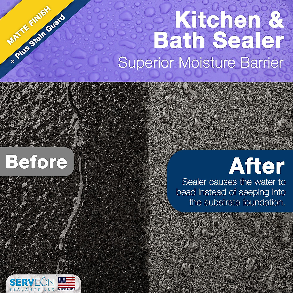 Serveon Sealants Kitchen & Bathroom Sealer Plus Stain Guard (Matte Finish) Commercial Grade Tile Grout Sealer Waterproof Sealant - Granite Countertop Slate Natural Stone Shower Floors (1 Quart) H2900C