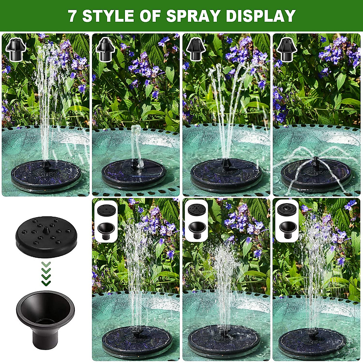 Yzert Solar Fountain with 2000 mAh Battery Backup Works in Cloudy, Glass Solar Powered Bird Bath Fountains with 7 Nozzles, 3.5 W Solar Fountain Pump for Birdbath,Garden, Outdoor, Pond (Black)