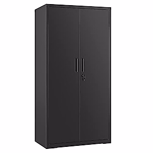 SONGMICS Garage Cabinet, Metal Storage Cabinet with Doors and Shelves, Office Cabinet for Home Office, Garage and Utility Room, Black UOMC015B01