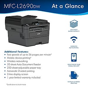 Brother Premium MFC-L2690DW Series Compact Monochrome All-in-One Laser Printer | Print Copy Scan Fax | Wireless | Mobile Printing | Auto 2-Sided Printing | ADF | 26 ppm | (Renewed)