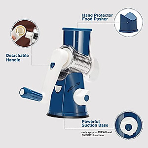 Tevokon Cheese Shredder Rotary Cheese Grater Manual Vegetable Slicer with 3 Interchangeable Stainless Steel Blades with Suction Base Cheese Grater and Cleaning Brush Dark Blue