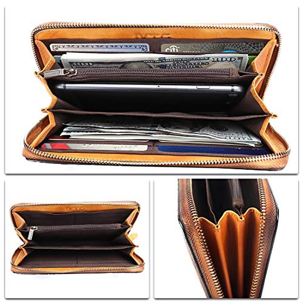 Women's Wallet Genuine Leather Zip Around Wristlet Long Purse Vintage Embossing Cowhide Capacity Handmade Clutch(Brown)