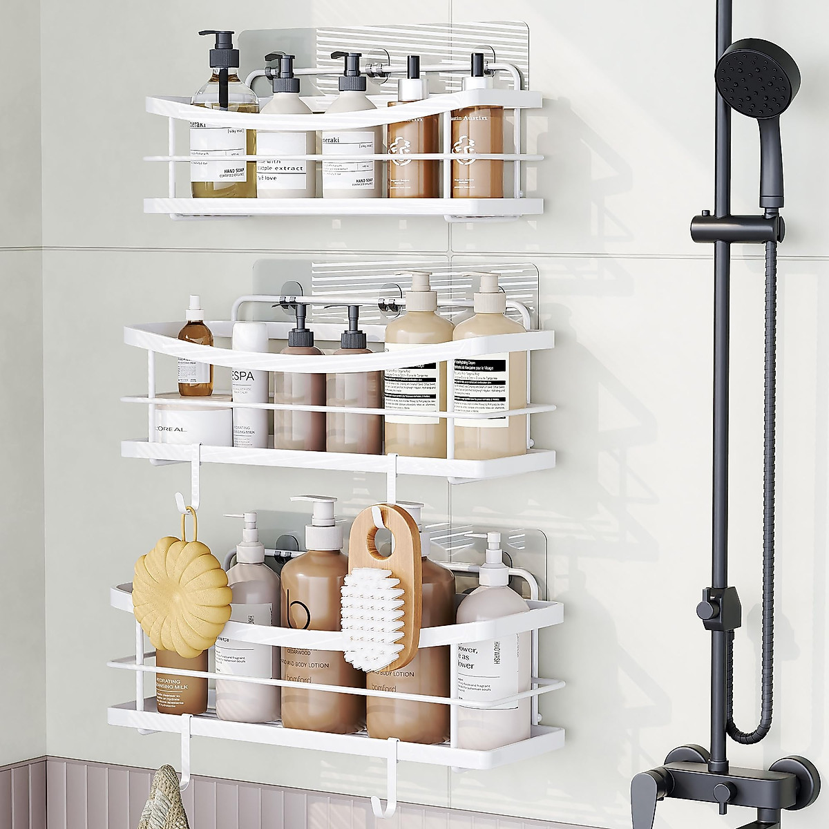 Orimade Adhesive Shower Caddy Shelf with Hooks Organizer Storage Rack Rustproof Wall Mounted Stainless Steel No Drilling for Bathroom, Toilet, Kitchen - 3 Tier, White