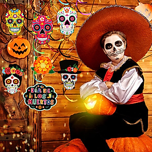 Day of The Dead Decorations Dia De Los Muertos Hanging Swirls Decor Sugar Skull Flowers Day of the Dead Decor for Birthday Mexican Party Supplies, Set of 50