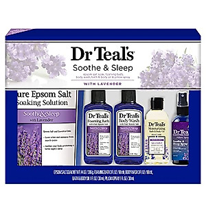 Dr Teal's Lavender Soothe & Sleep Full Regimen 5-piece Gift Set (Epsom Salt Soaking Solution, Foaming Bath, Body Wash, Moisturizing Bath & Body Oil, Pillow Spray)