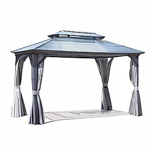 Joyside 10x13 ft Outdoor Hardtop Gazebo with Double-Tier Polycarbonate Roof, Aluminum Frame Gazebo with Netting and Curtain Included, Suitable for Lawn Backyard Patio