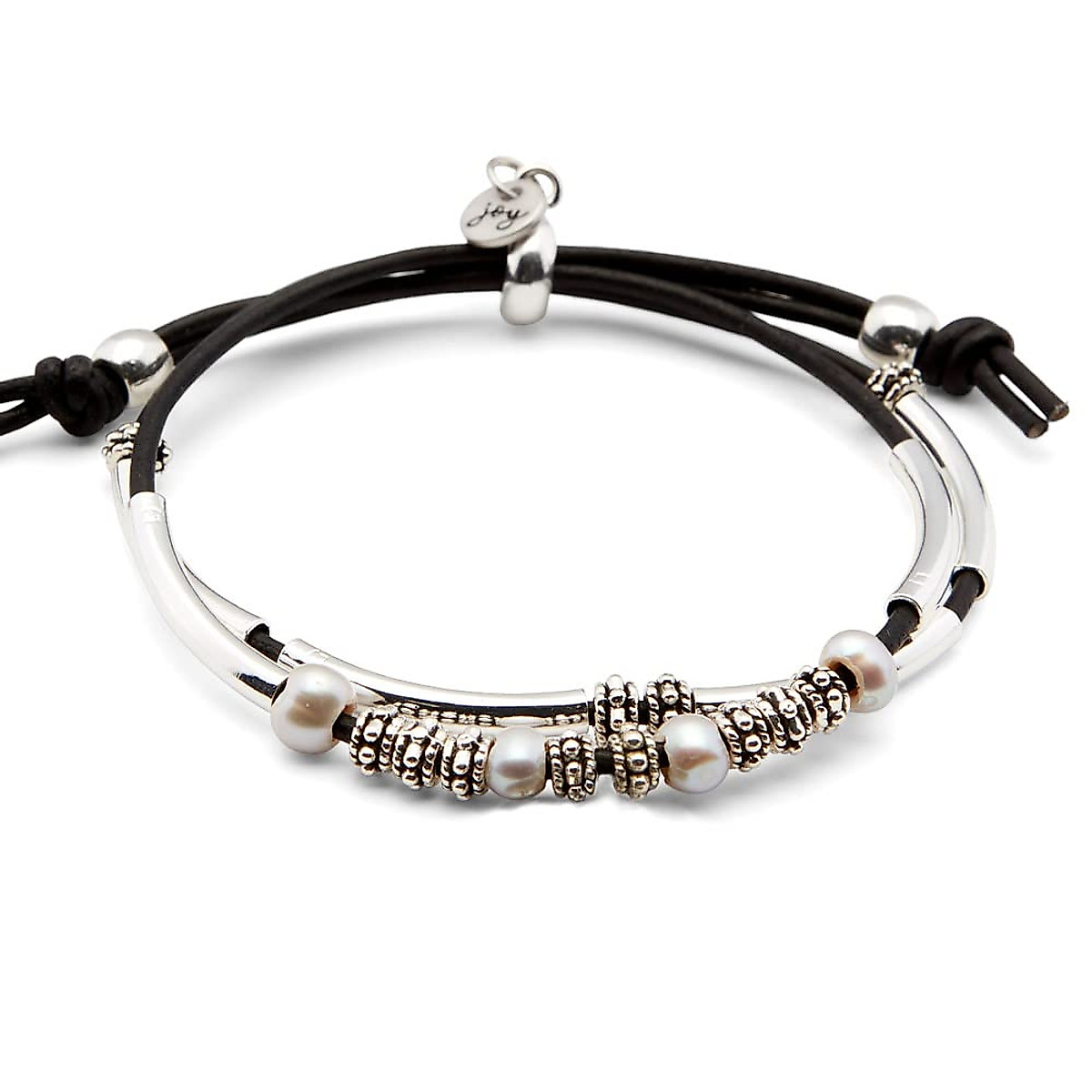 Lizzy James Kendall Adjustable 2 Strand Silver & Natural Black Leather Bracelet with Pearls for Women