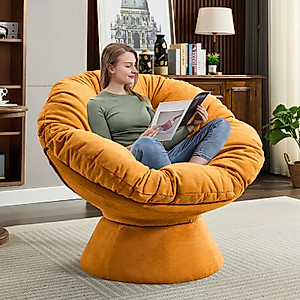 Papasan Chair,Papasan Chair with Cushion and Frame,Comfy Chenille Upholstered Round Reading Chair,Oversized 360° Swivel Accent Chair with Metal Base Lazy Chair for Bedroom,Living Room,Orange