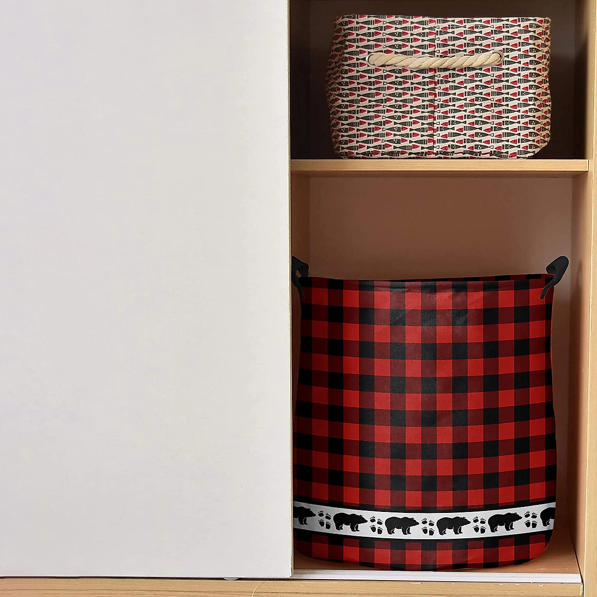 Forest Animals Large Laundry Hamper Collapsible with Handles, Waterproof Dirty Clothes Hamper Baby Nursery for Kids Room Dorm Storage, Bear Footprints with Red and Black Grid