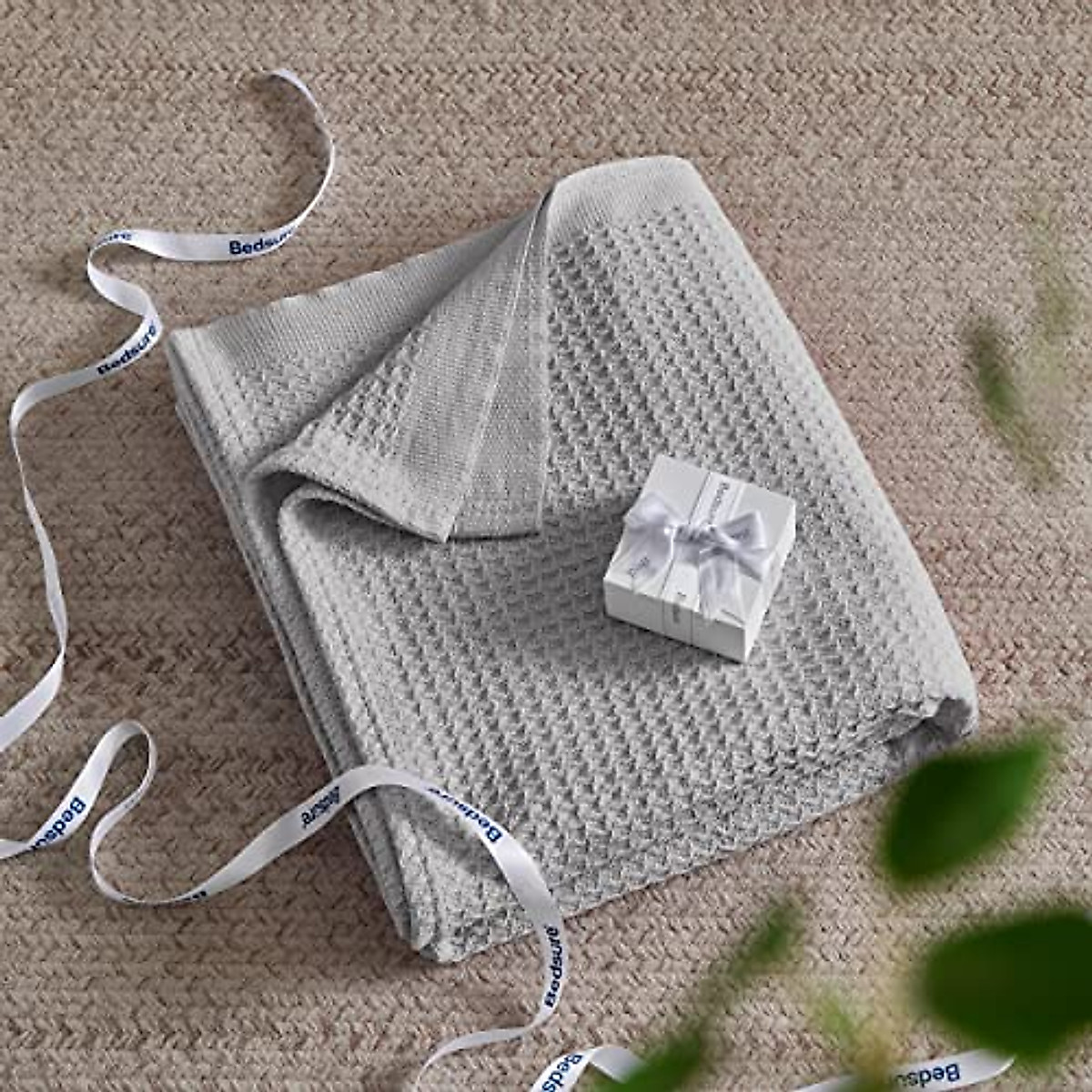 Bedsure 100% Cotton Blankets Queen Size for Bed - 405GSM Waffle Weave Blankets for Summer, Cozy and Warm, Grey Soft Lightweight Woven Blankets for All Seasons, 90x90 inches