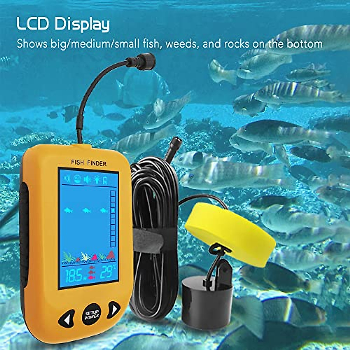 WHYATT Portable Fish Finder Handheld Wired Fish Depth Finder Kayak Boat Fishfinder with Sonar Transducer