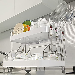 TULGIGS Sink Dish Drying Rack Two Tier Shelf Liner Dish Holder with High Grossy Dish Drainer Cup Holder Spoon Storage Knife Case